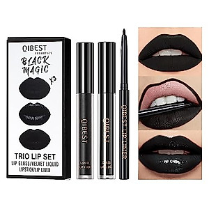 MAEPEOR All In One Lip Kit 3 In 1 Smooth Lipliner Lipgloss and Lipstick Set with Matte Velvet Liquid Lipstick Hydrating Moisturizing Lip Gloss and Creamy Lip Liner (Kit 12, Black Magic)