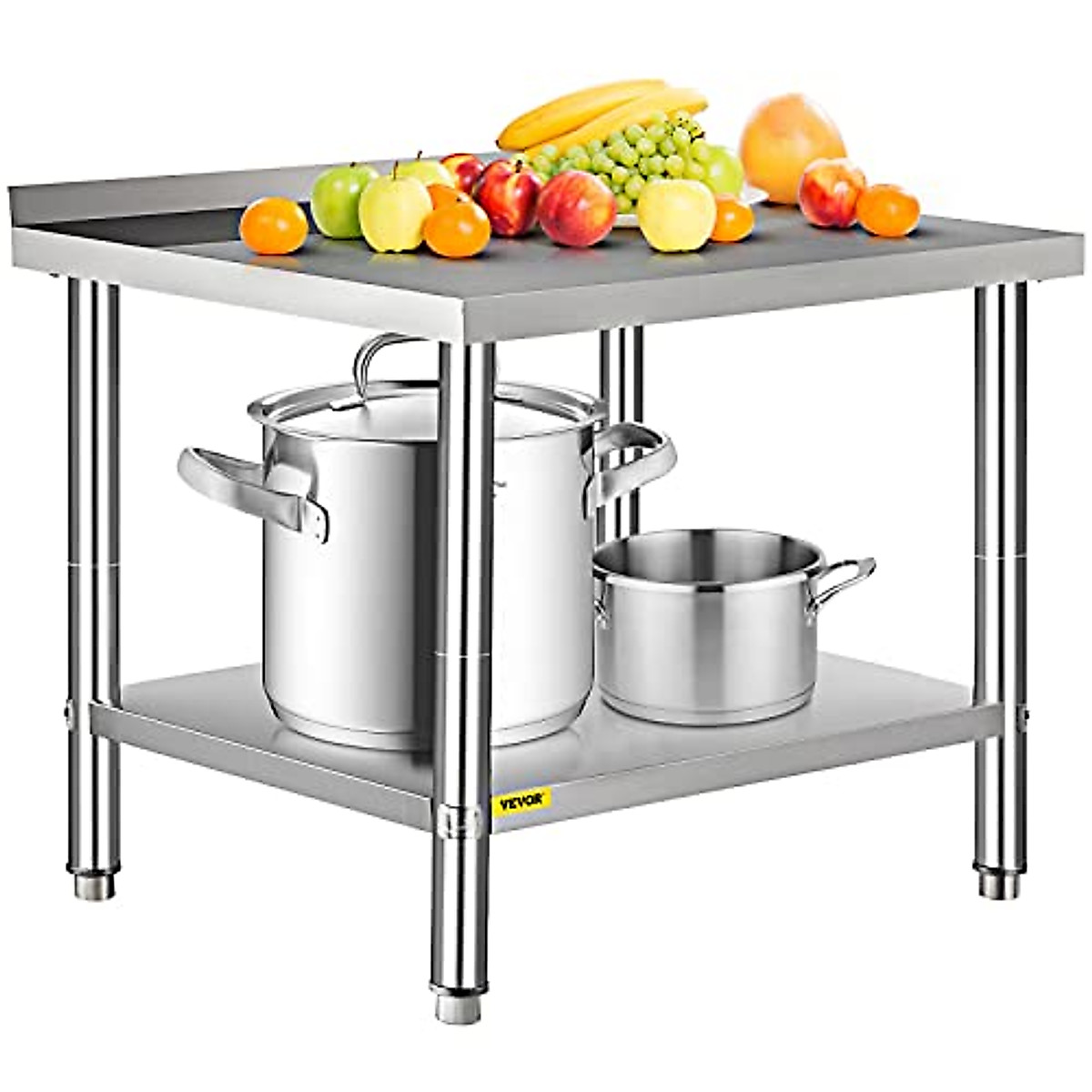 VEVOR Stainless Steel Prep Table, 36 x 24 x 35 Inch, 440lbs Load Capacity Heavy Duty Metal Worktable with Backsplash and Adjustable Undershelf, Commercial Workstation for Kitchen Restaurant