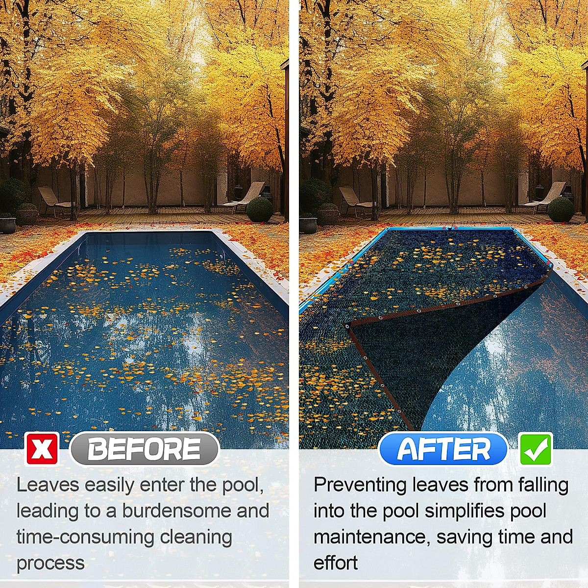 Pool Net Cover - Leaf Netting for 18 * 36ft Inground or above Ground Rectangle Pools, Pond Fine Mesh Screen for Catching Leaves Sunshade (23 * 39ft, Black)