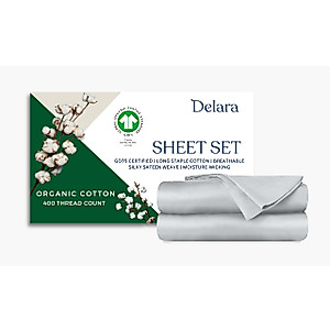 Delara GOTS Certified 100% Organic Cotton Sheets, 400TC Long Staple Cotton, Ultra Soft, Silky, Moisture-Wicking, Smooth & Breathable, with Elasticized Deep Pocket
