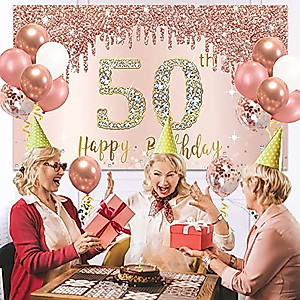 Happy 50th Birthday Banner Backdrop Decorations with Confetti Balloon Garland Arch, Rose Gold 50 Birthday Banner Balloon Set for Women, Pink 50 Year Old Bday Poster Photo Booth Decor