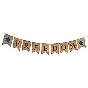 FREEDOM Burlap Patriotic Banner Bunting - 4th of July Party Decoration - Memorial Day Burlap Celebration Supplies - Honor Military Veterans Day Garland by Jolly Jon