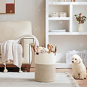 VIPOSCO Small Laundry Basket, Slim Baby Hamper with Leather Handle, Cute Woven Rope Storage Basket for Blanket, Kids Toy, Clothes In Living Room, Bathroom, Bedroom, Nursery Room - 30L White & Brown