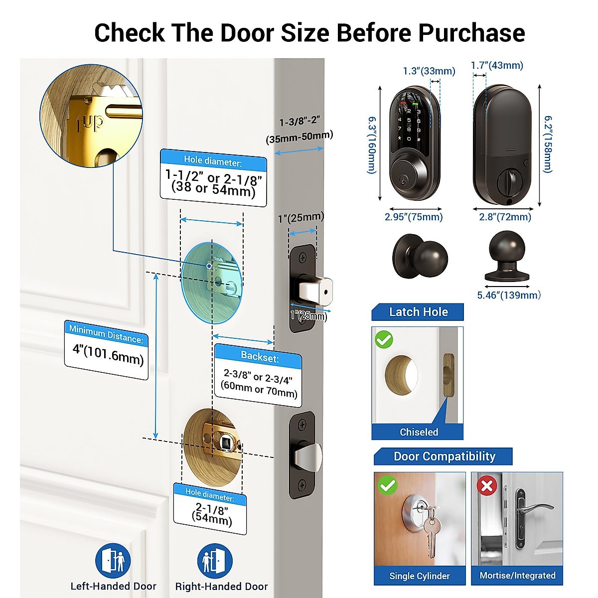 Veise Smart Locks for Front Door, 2 Knob Handle Set, Keyless Entry Deadbolt, App Control, Electronic Touchscreen Digital Keypad, Auto Lock, Easy Installation, IP54 Waterproof, Matte Black