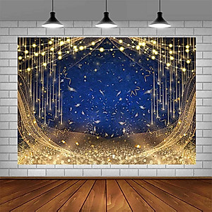 AIBIIN 7x5ft Royal Blue and Gold Party Photo Backdrop Gold Dripping Glitter Bridal Shower Photography Background Wedding Birthday Bachelorette Graduation Prom Party Decorations Banner