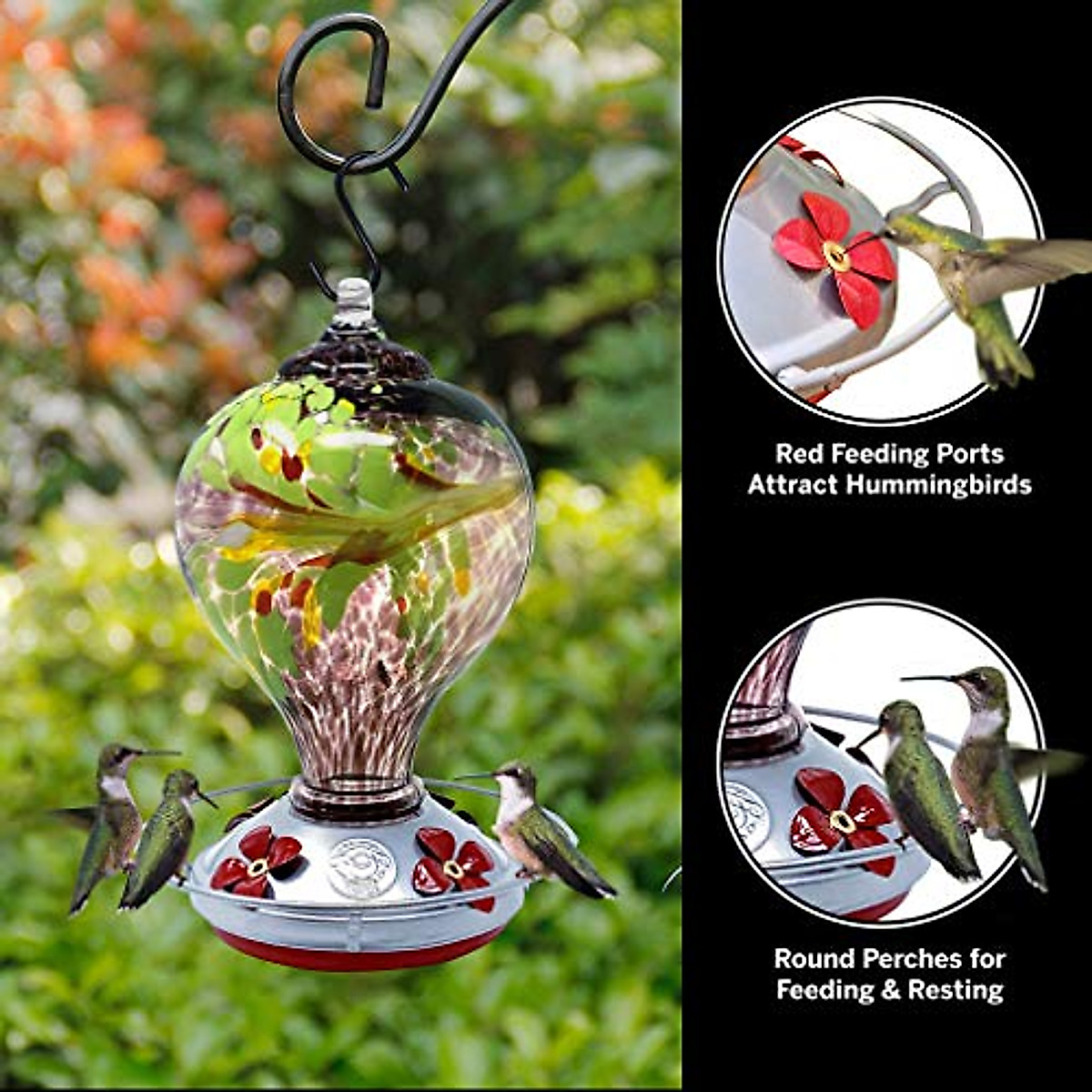 Hummingbird Feeder by Grateful Gnome - Large Hand Blown Stained Glass Feeder for Garden, Patio, Outdoors, Window with Accessories S-Hook, Ant Moat, Brush - 36fl oz, Large Purple Egg Design