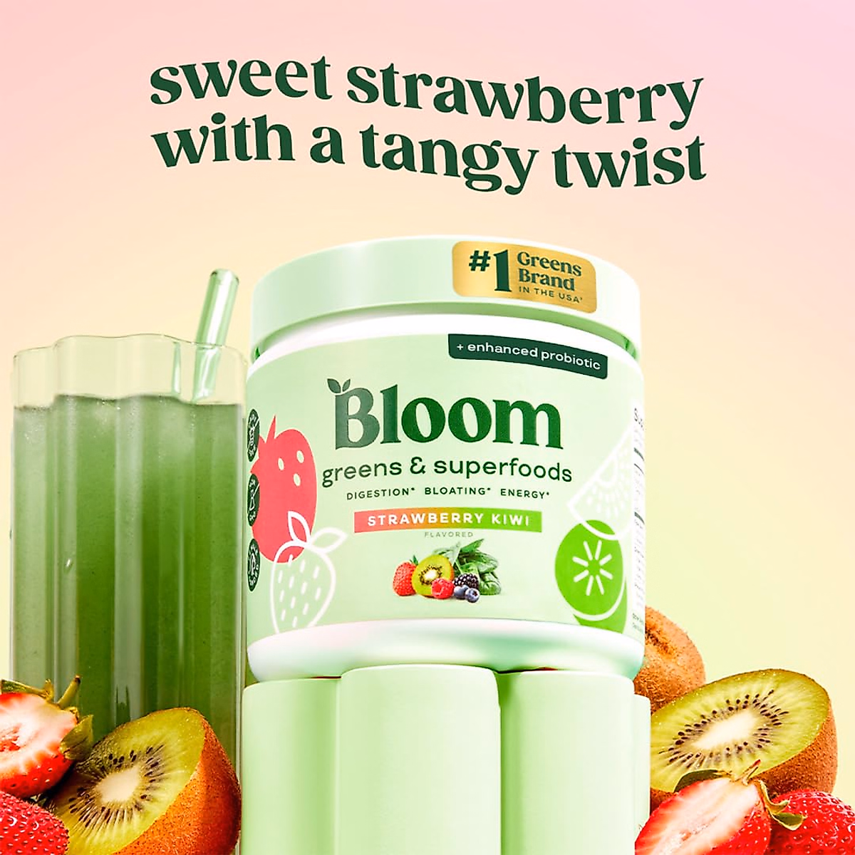 Bloom Nutrition Greens and Superfoods Powder for Digestive Health, Greens Powder, Digestive Enzymes, Probiotics, Spirulina, Chlorella for Bloating & Gut Support, Green Juice, 30 SVG, Strawberry Kiwi