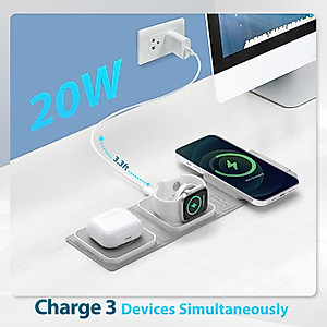 20W 3 in 1 Foldable Wireless Charger, Wireless Charging Station, Charging Station for Multiple Devices, Magnetic Mag-Safe Travel Charging Pad for iPhone 15 14 13 12 Pro Max Plus iwatch Watch & Airpods