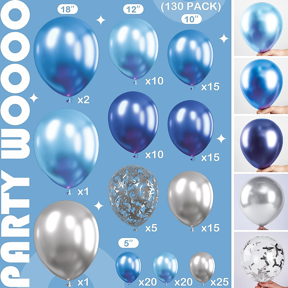 PartyWoo Blue Shades Balloon Garland Kit, 140 pcs Shades of Blue Balloons Different Sizes Pack of 18 Inch 12 Inch 10 Inch 5 Inch for Balloon Garland or Arch as Birthday Decorations, Party Decorations