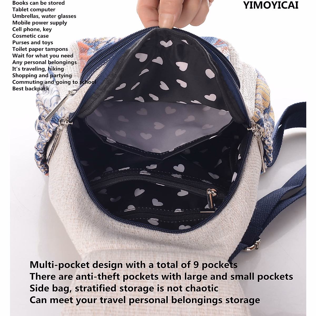 YIMOYICAI Backpack Purse for Women Girl's Convertible Sling Bag Boho Hippie Embroidered Woven Canvas with Woven Cotton Perfect Small Sling Bag Bird's Nest