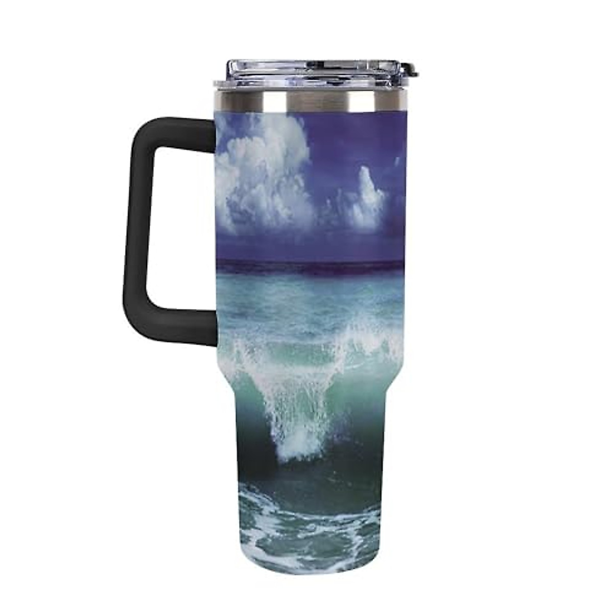 Ocean Wave 40oz Water Bottle Double Wall Insulated Tumbler with Handle Leakproof Travel Mug Black-style