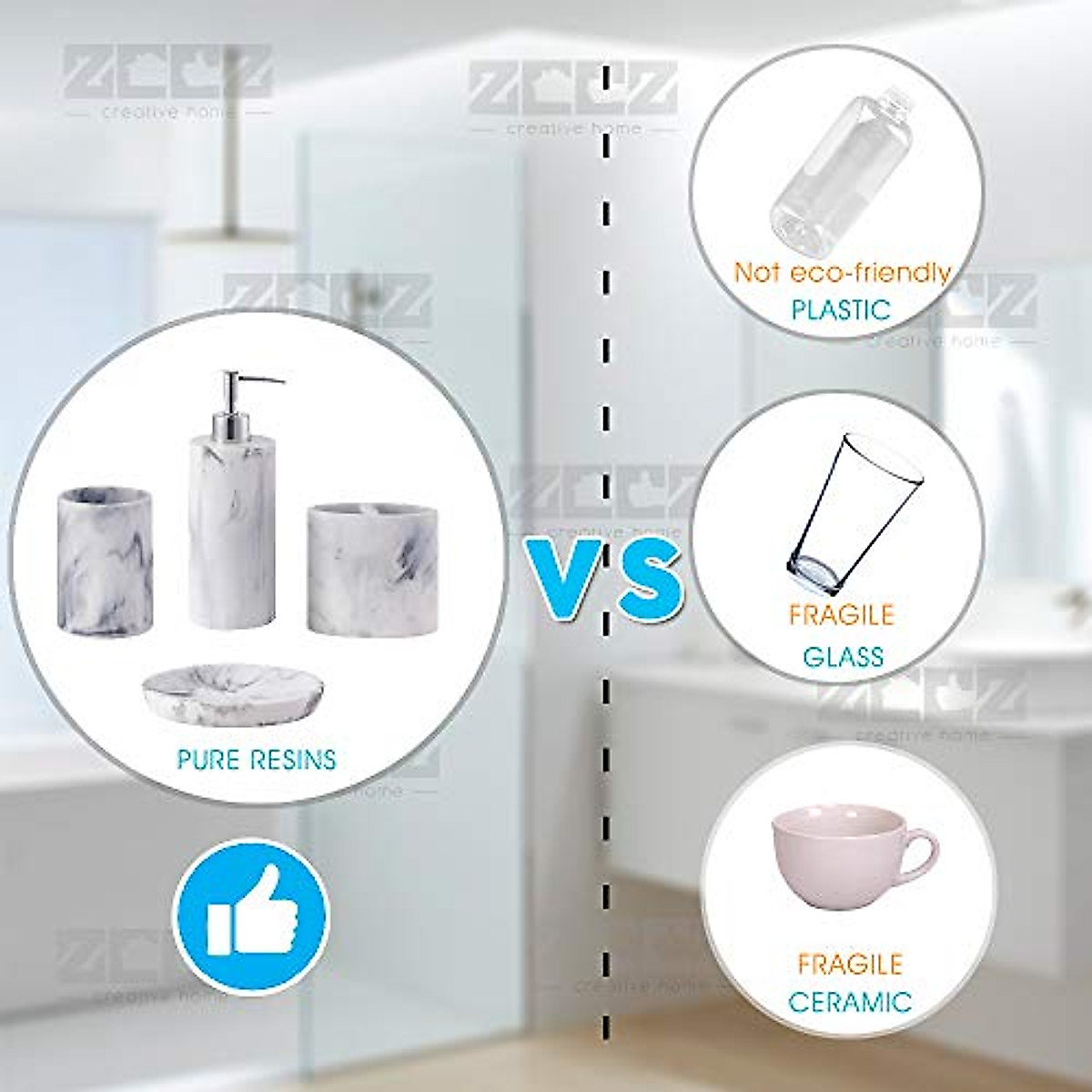 ZCCZ Bathroom Accessory Set, 4 Pcs Marble Look Bathroom Vanity Countertop Accessory Set Bathroom Décor Sets Accessories with Soap Dispenser Bathroom Toothbrush Holder Set, Bathroom Tumbler, Soap Dish