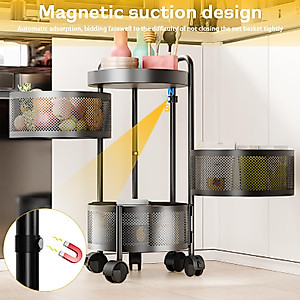 qajexluz Rotating Kitchen Storage Rack No Assembly, 3/4/5-Tier Metal Storage Tower Basket Shelves Organizer on Rolling Wheels with Removal Drawers for Fruit Vegetable Grocery Corns Potato Onion Tripl