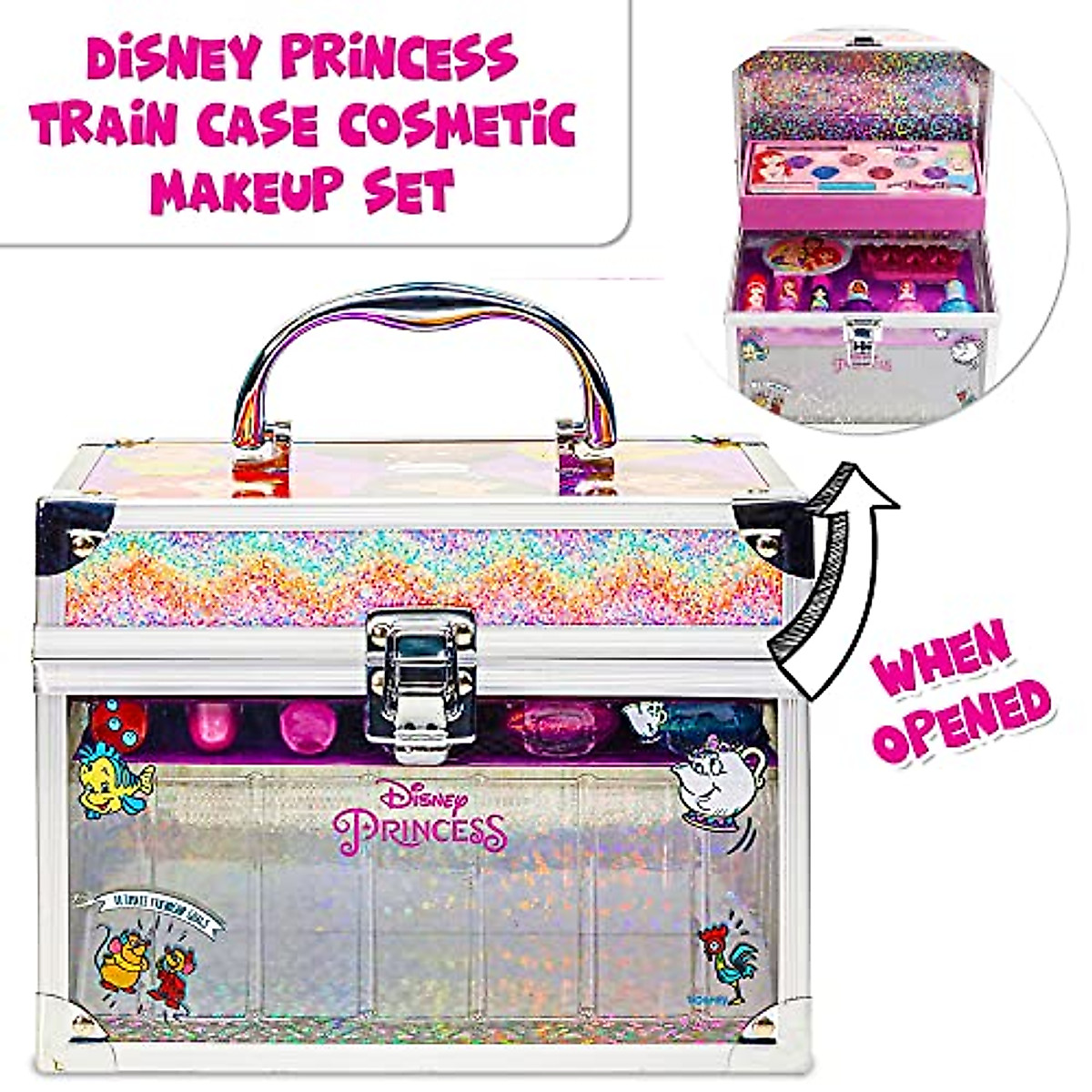 Disney Princess Train Case Girls Beauty Set, Kids Makeup Kit for Girls, Real Washable Toy Makeup Set, Play Makeup, Pretend Play, Party Favor, Birthday, Toys Ages 3 4 5 6 7 8 9 10 11 12