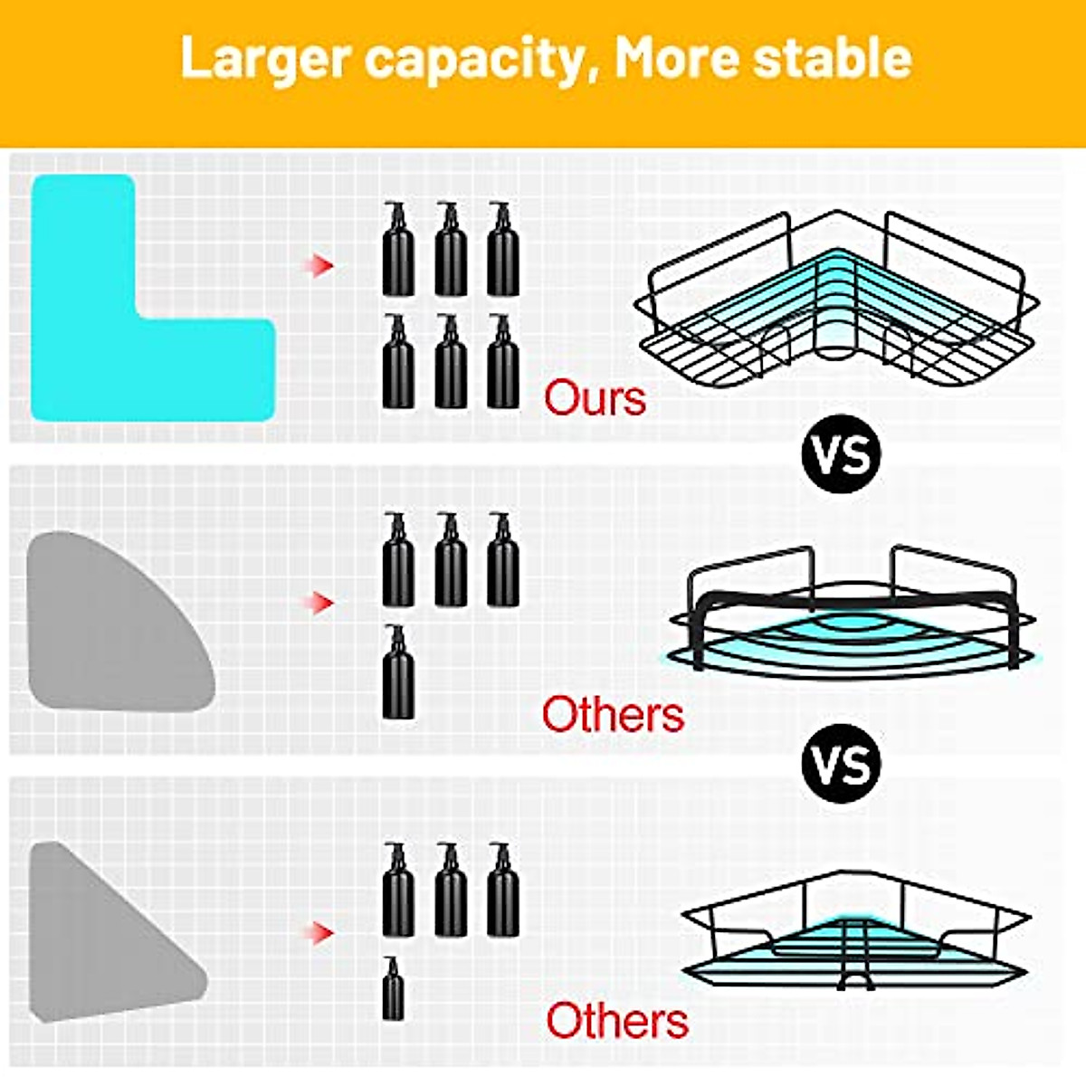 KOPORASION Corner Shower Caddy, Shower Shelves Basket Rack with Adhesive Hooks and Soap Dish,RustProof Stainless Steel Shower Organzier for Bathroom Storage, Toilet,Kitchen (3 Pack)