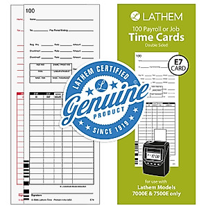 Lathem Time Cards, F/7000E, Numbered 1-100, 2-Sided, 3 3/8" x 9", White, Pack Of 100