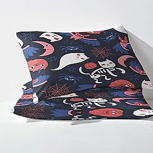 Halloween Sheets Full Size, Ghost Spider Web Cat Bed Sheets, Patterned Bedding Sheets & Pillowcases 4 Piece Set - Soft Microfiber Deep Pocket Fitted Sheet & Flat Sheet & 2 Pillow Cases M9-&-83