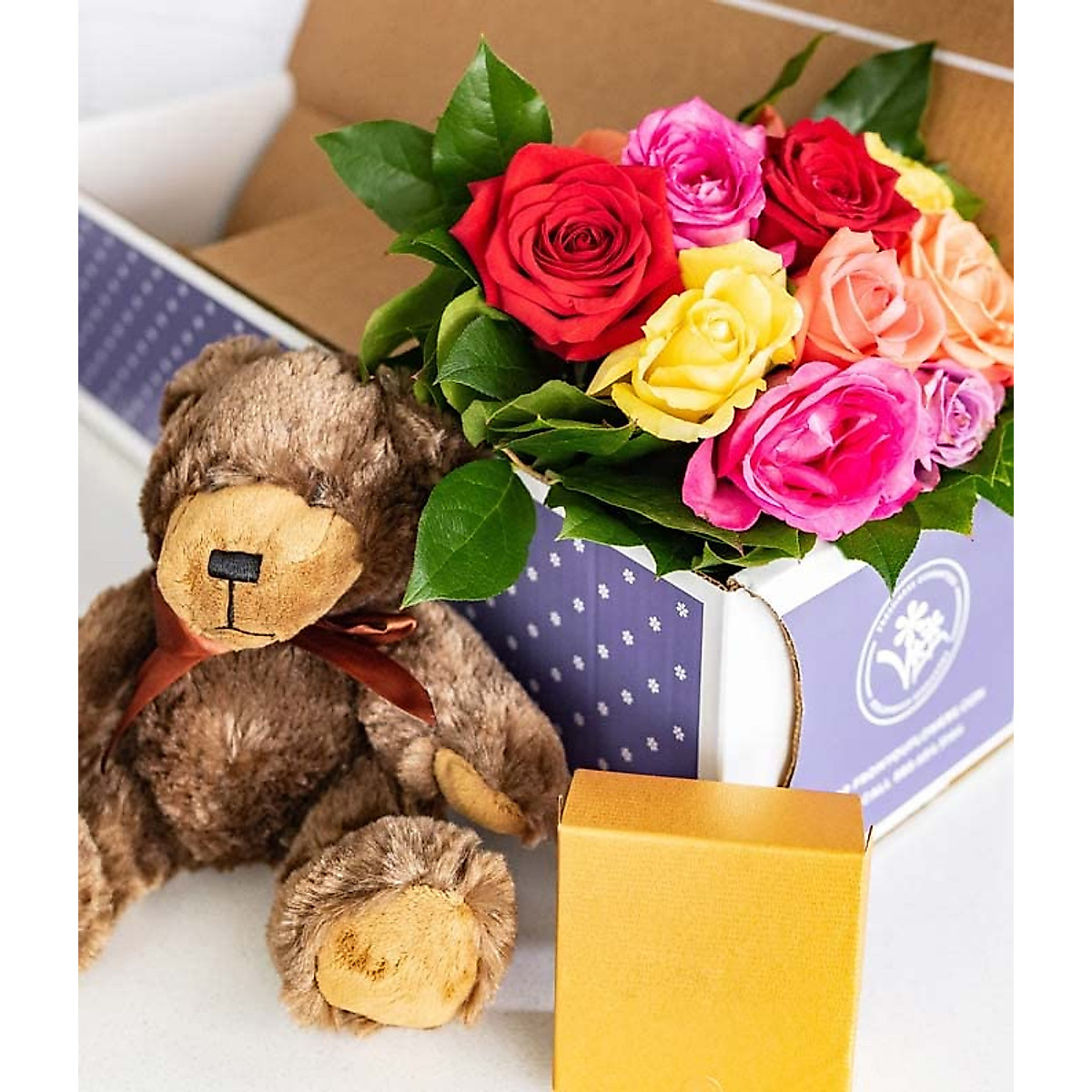 From You Flowers - One Dozen Rainbow Roses with Chocolates & Bear with Free Vase (Fresh Flowers)