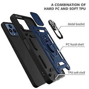 AKINIK for T-Mobile REVVL 6 5G Case, Revvl 6X 5G Case with Slide Camera Cover and 2pcs HD Screen Protector, 360° Rotation Ring Kickstand [Military Grade] Protective Case (Blue)