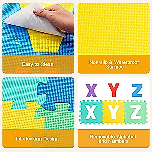 Costzon 72 Pieces Baby Play Mat w/Fence, Baby 0.4'' Thick EVA Baby Crawling Mat w/Detachable Numbers, Waterproof Soft Playmat for Toddler Infants (72 Pieces, Alphabet + Numbers)