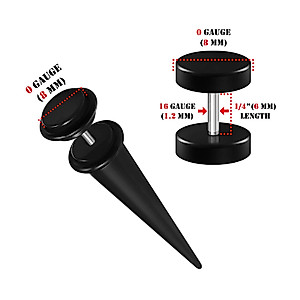 BIG GAUGES 2 Pairs Black Acrylic 16gauges 1.2 mm 0 g 8 mm Fake Plugs Taper Expander O-rings Piercing Illusion Plugs Cheater Ear BG4451