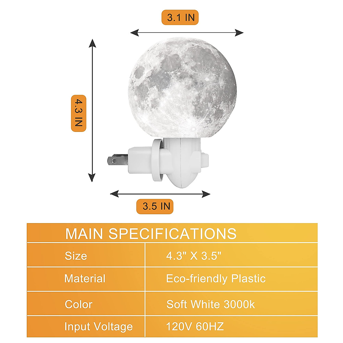 PEAKEDNESS Moon Plug-in LED Night Light, 3D Galaxy Moon Night Lights for Kids, 360° Rotating Plug, Cool White Moon Wall Light Nightlight Decor for Children, Nursery, Bedroom, Bathroom