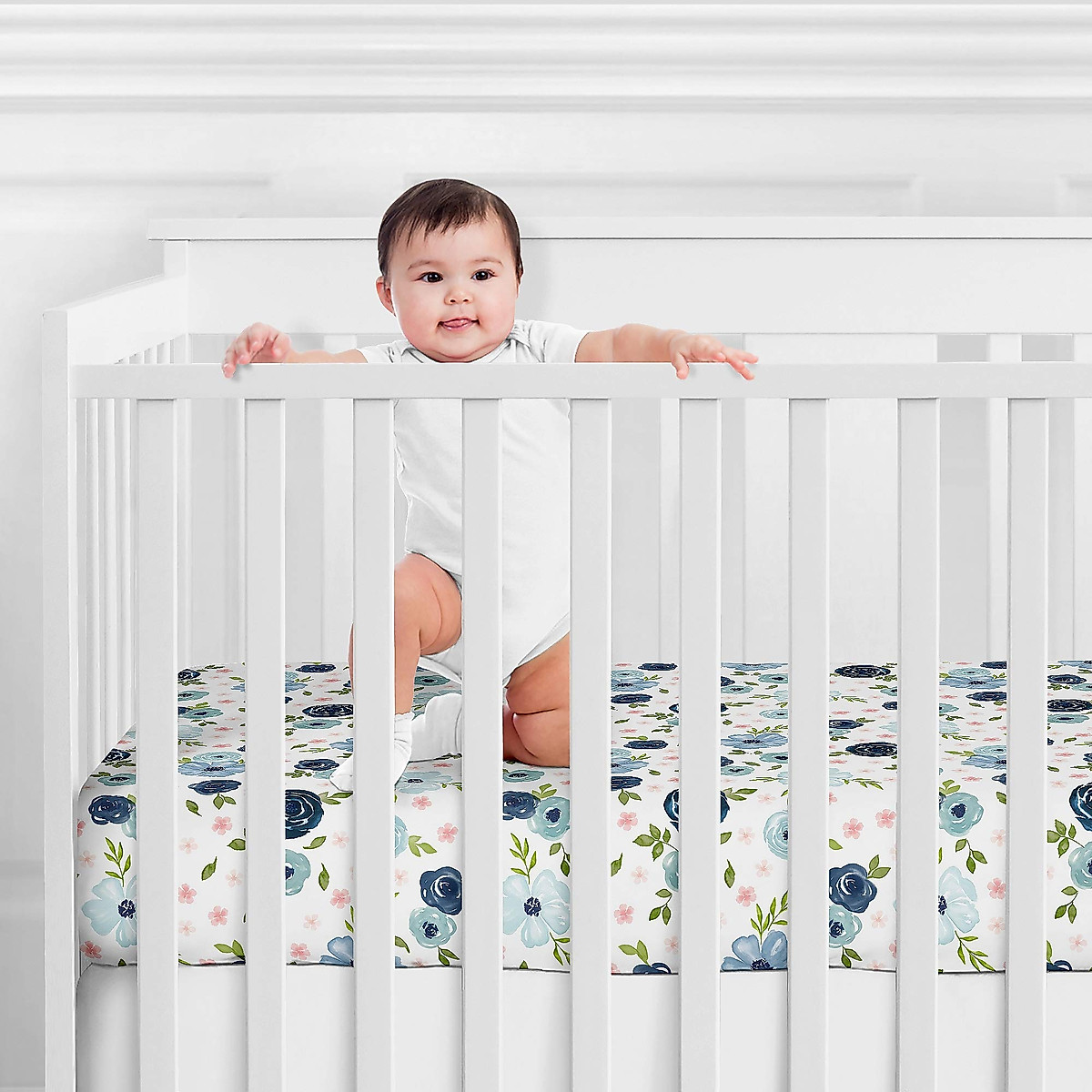 Sweet Jojo Designs Floral Girl Jersey Stretch Knit Baby Fitted Crib Sheet for Soft Toddler Bed Nursery - Navy Blue and Blush Pink Boho Shabby Chic Rose Watercolor Flower