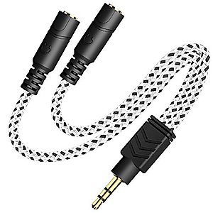 DUKABEL Headphone Splitter, Knitted 3.5mm Audio Splitter TRS 3-Pole Aux Splitter Cable for Headphones Earphones Speakers -Zebra White