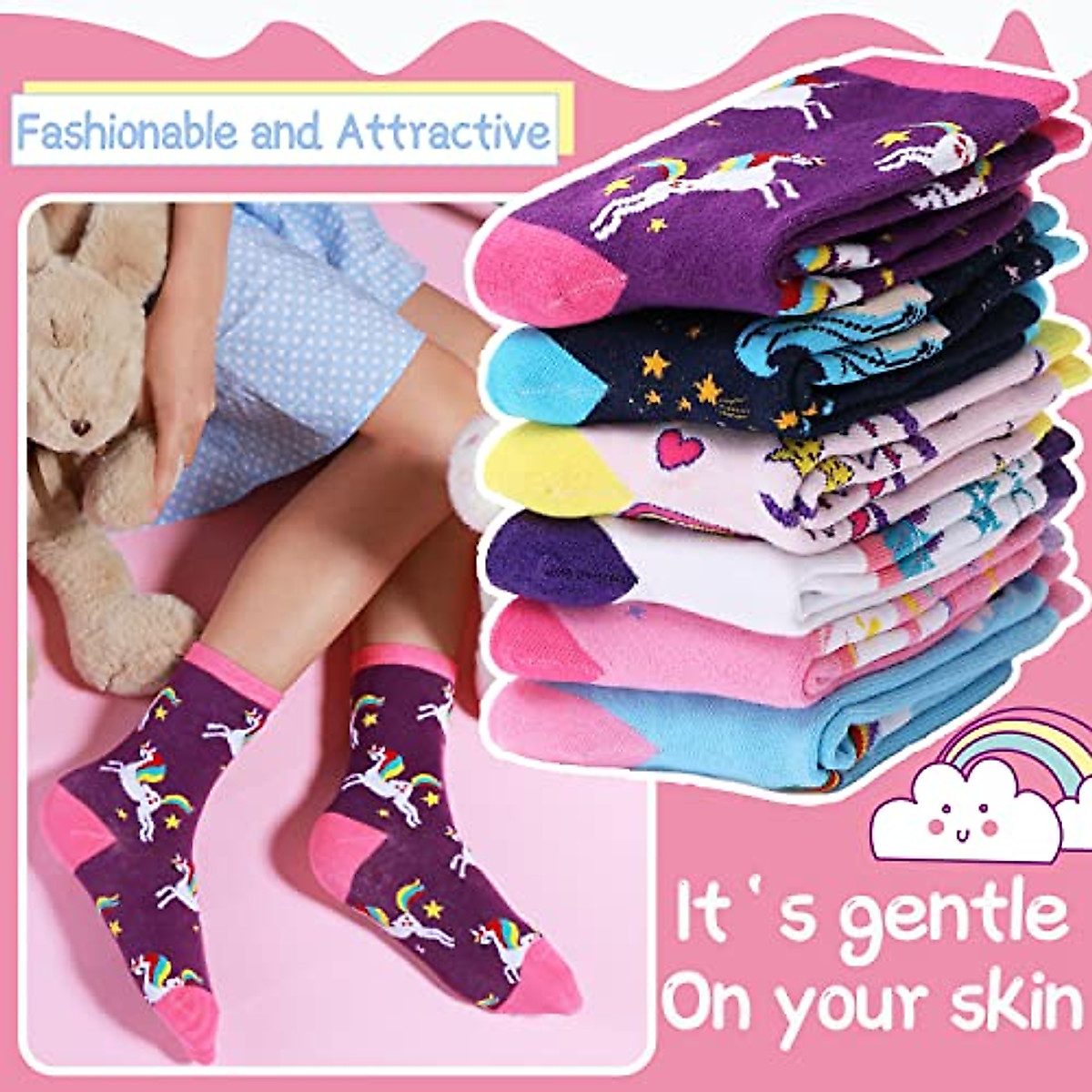 ANTSANG Children Cotton Crew Socks for Girl Boy Kids Toddler Gift Fashion Cute Cartoon Animal Stocking Stuffer Unicorn Socks 6 Pack (Unicorn-I, 5-8 Years Old)