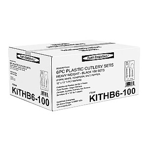Party Essentials Individually Wrapped Black Plastic Cutlery Packets/Heavy Duty Silverware Kits, Fork/Spoon/Knife/Napkin/Salt/Pepper, 100 Sets