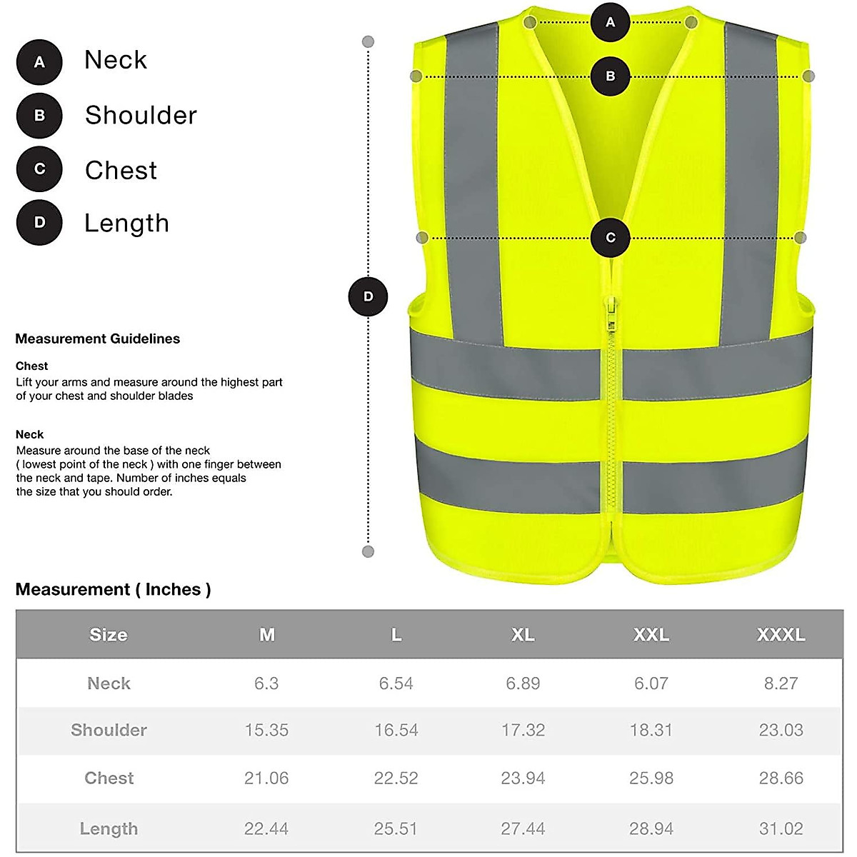 Neiko 53940A High Visibility Safety Vest with Reflective Strips | Size Medium | Neon Yellow Color | Zipper Front | For Emergency, Construction and Safety Use