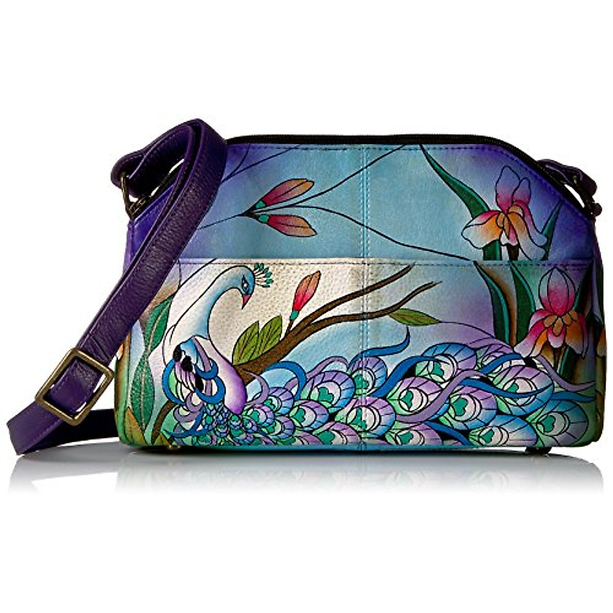 Anna by Anuschka Women's Genuine Leather Medium Multi-Compartment Crossbody | Hand Painted Original Artwork | Midnight Peacock