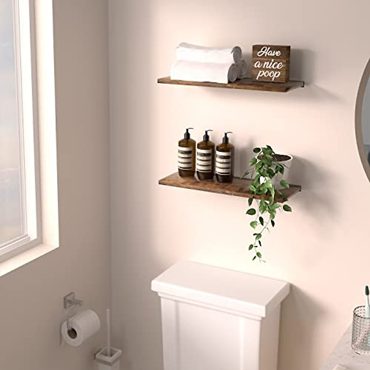 DELFOY Rustic Wood 16 Inch Floating Shelves- Set of 2 Farmhouse Home Decor Wall Mounted Hanging Ledge Shelf for Living Room, Bedroom, Kitchen Bathroom