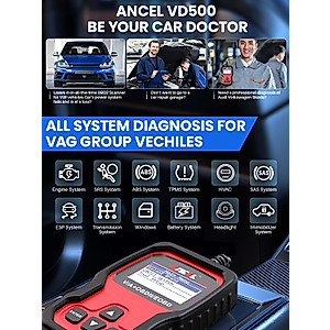 ANCEL VD500 OBD II Diagnostic for VAG Engine EPB ABS SRS Code Reader Oil Throttle Position Adaption Brake Reset with ANCEL BST200 12V Car Battery Load Tester