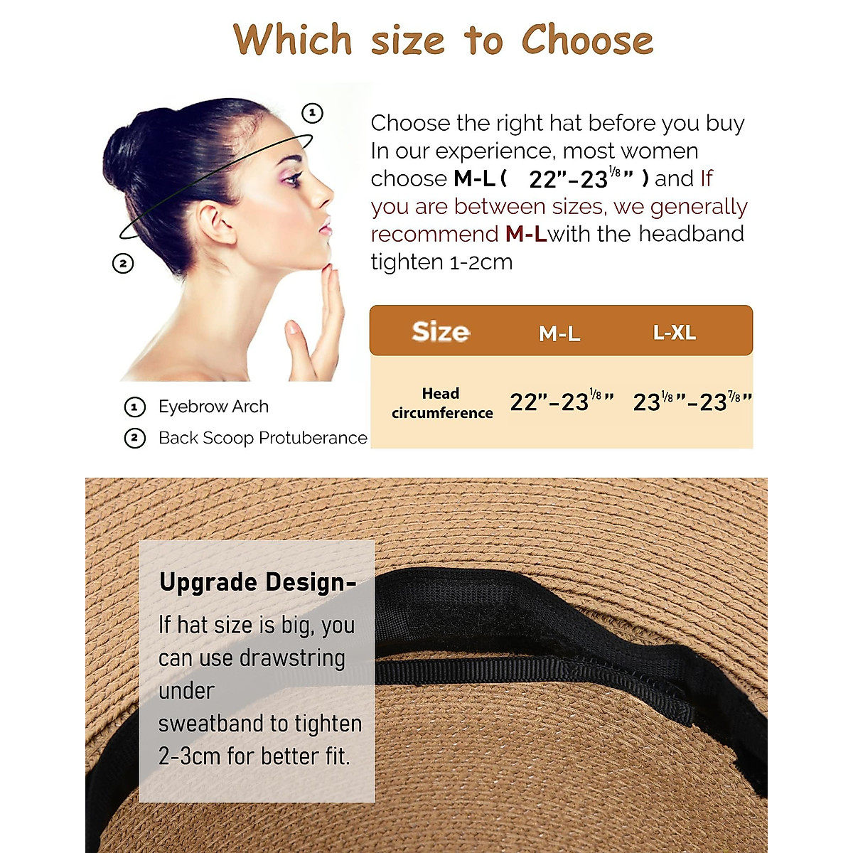 FURTALK Panama Hat Sun Hats for Women Men Wide Brim Fedora Straw Beach Hat UV UPF 50 Brown