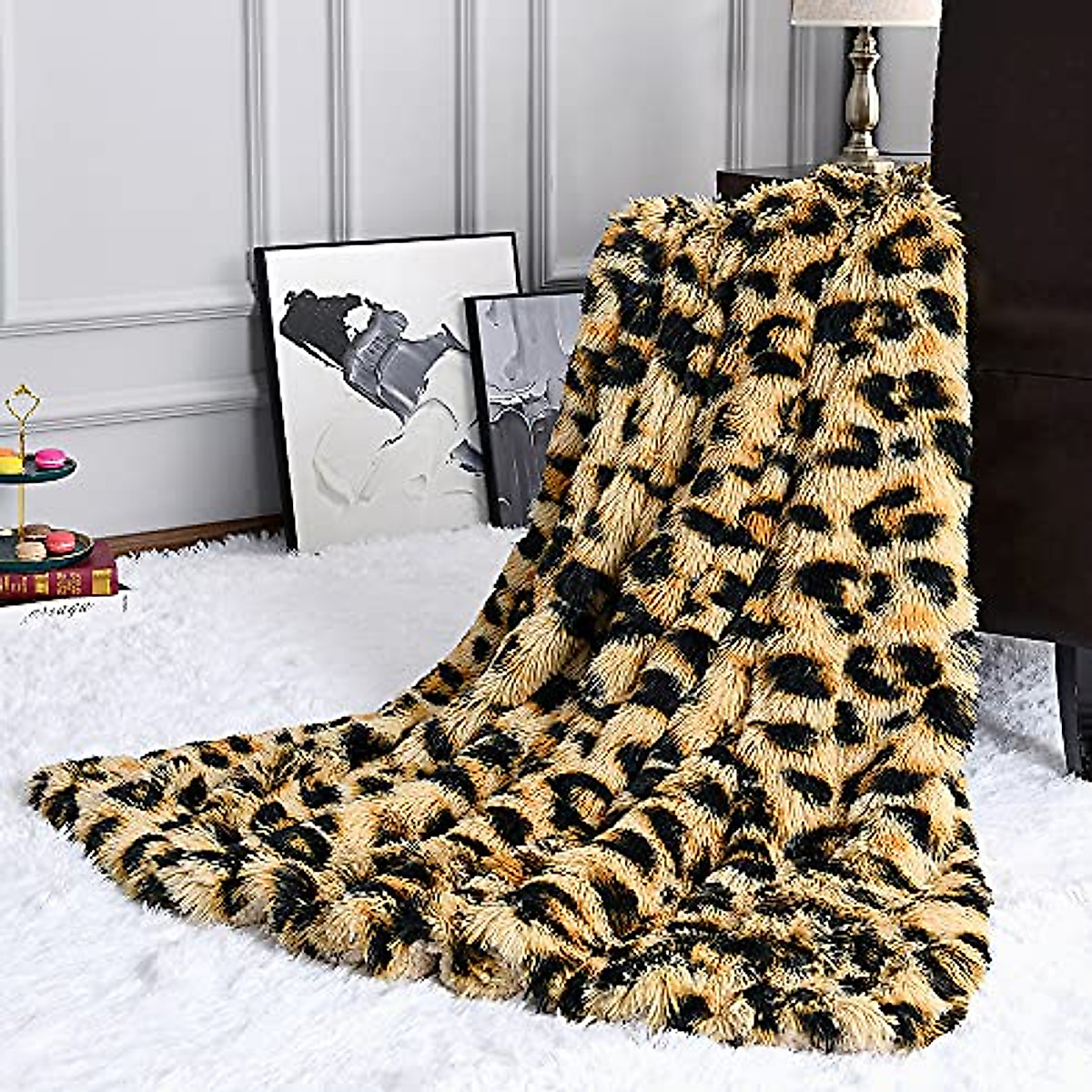 Homore Fluffy Leopard Blanket, Plush Cheetah Print Throw Blankets Soft Faux Fur Bed Throw for Decorative Couch Chair Sofa, Washable and Lightweight, 50" x 60" Khaki