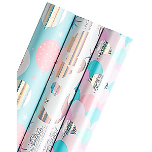 WRAPAHOLIC Wrapping Paper Roll - Mini Roll - 3 Rolls - 17 Inch X 120 Inch Per Roll - Mermaid Scale and Jellyfish Design with Colorful Foil for Birthday, Holiday, Baby Shower