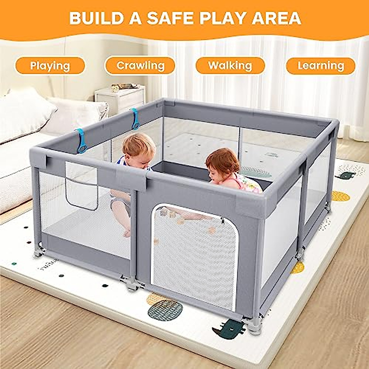 ZESHWER Baby Playpen, Playpen for Babies with Gate, 50”×50” Large Playpen for Toddlers, Baby Fence Play Area, Sturdy Safety Baby Play Yard with Soft Breathable Mesh, Grey