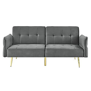 JFUYJK 78" Velvet Futon Sofa Bed, Convertible Sleeper Loveseat Couch with Folded Armrests and Storage Bags Gray