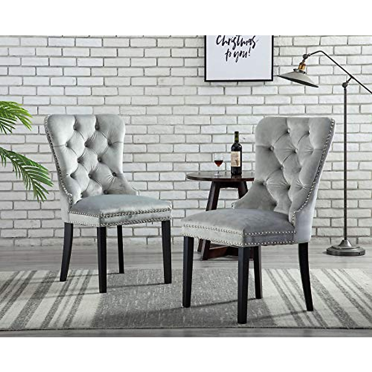 Guyou Upholstered Velvet Dining Chairs Set of 6, Dining Room Chairs Tufted Cushion Back Elegant Victoria Retro Accent Chairs with Solid Wood Legs for Living Room/Kitchen (Light Gray, with Ring)
