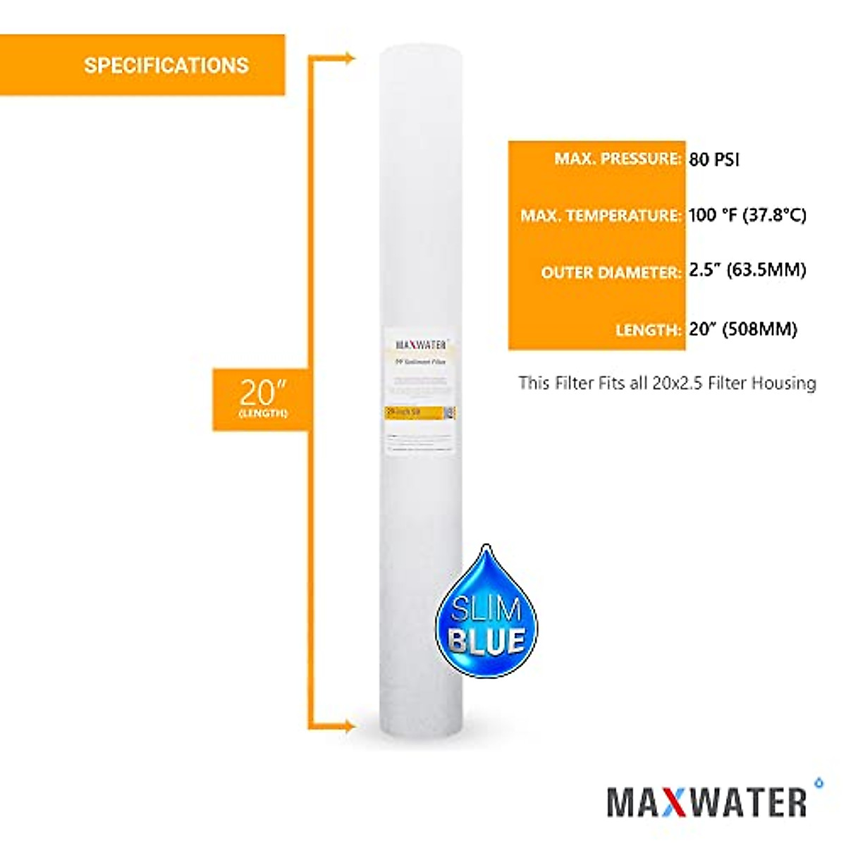 Max Water Slim Blue 5 Micron 20 inch x 2.5 inch Whole House Melt-Blown Polypropylene Sediment Water Filter Replacement Cartridge (Pack of 25)