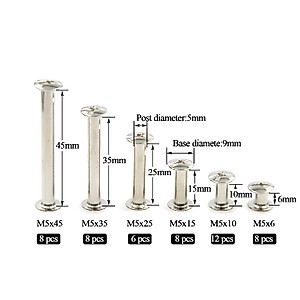Alloypro 120 Pcs (60 Pair) M5 x 6/10/15/25/35/45 Silvery Phillips Chicago Screws Binding Screw Posts,Scrapbook Photo Albums Binding Screws Assorted Kit 6 Sizes for Leather Saddles Purses Belt Repair