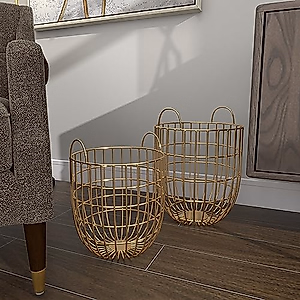 Deco 79 Contemporary Metal Round Storage Basket, Set of 2 13", 11"W, Gold