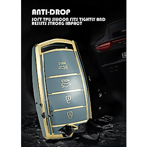 SANRILY Golden-Edge 4 Button Key Fob Cover Fit for Genesis G70, G80, G90 2017-2020 Keyless Full Coverd Smart Key Case with Leather Keychain Black