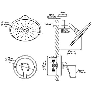 PARLOS Shower Faucet with Valve, Single-Handle Shower Trim Kit with Rain Shower Head, Wall Mounted Shower System, 1436404