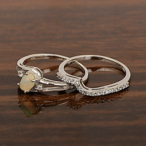 925 Sterling Silver Ring, Multi Choice Gemstone Birthstone 2pc Wedding Band Stackable Ring Set Size 6-10 Opal, Sz7
