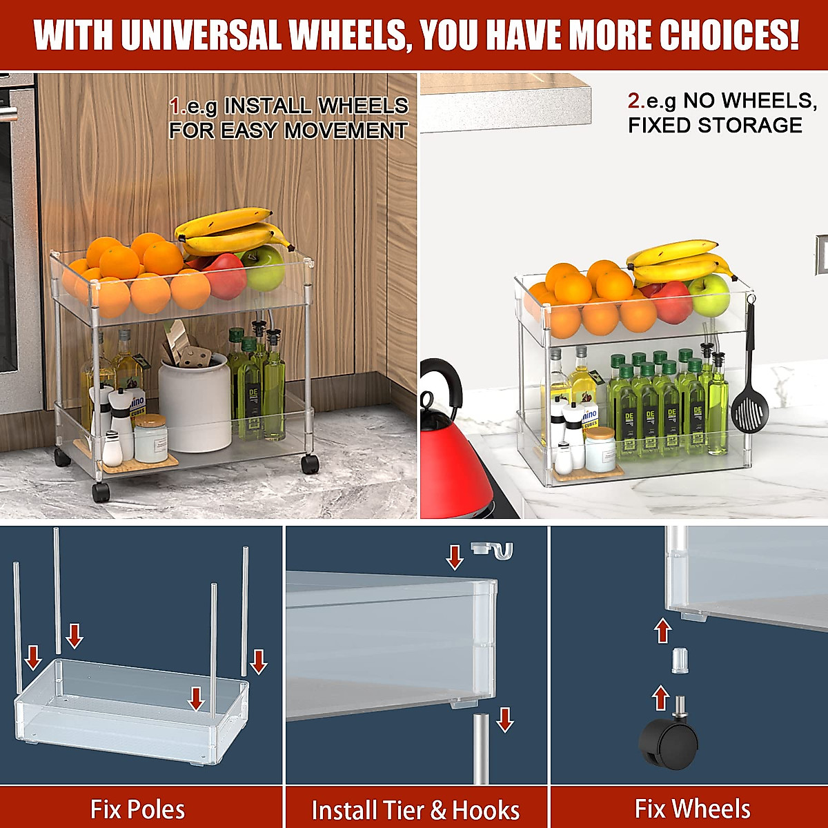 Under Sink Organizer, 2 Tier Thicken Bathroom Under Sink Organizers and Storage with Wheel Hook, Strong Bath Kitchen Home Countertop Cabinet Standing Rack, Narrow Space Collection Basket, Clear Shelf