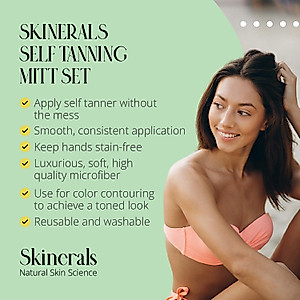 Skinerals Self Tanner Mitt Set, Ultra Soft Double-Sided Application Tanner, Exfoliating Glove and Face Mitt for the Most Even Tan, Tanning Mitt Applicator for Back and Body, Washable, 3 ct
