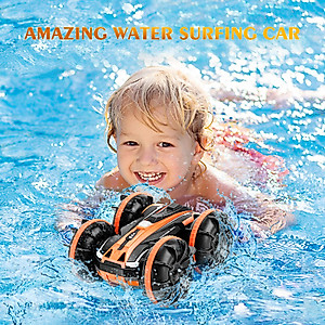 Qinycon Amphibious RC Car Remote Control Boat for Kids, 4WD 2.4Ghz 2 in 1 RC Stunt Car with 360° Flips, Double Sided Rotating RC Cars Toy for 5-12 Year Old Boys & Girls