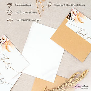 Anna Marie Collections 25 Pack Boho Thank You Cards with Envelopes Pampas Grass and Floral Design - Wedding, Bridal Shower, Baby Shower, Graduation, Baptism Cards - Blank Greeting Cards